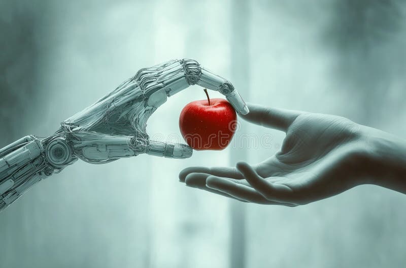 A Robotic Hand Gives a Red Apple To a Human, Symbolizing the ...