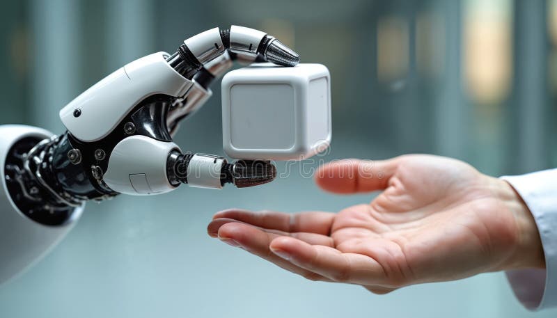 Robotic Hand Giving AI Cube To Human Hand. Symbol of AI-human ...