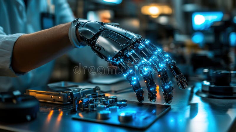 Robotic Hand with Glowing Circuits Interacting with Control Panel ...