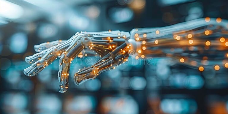 Robotic Hand with Glowing Circuits Reaching Forward in a Futuristic ...