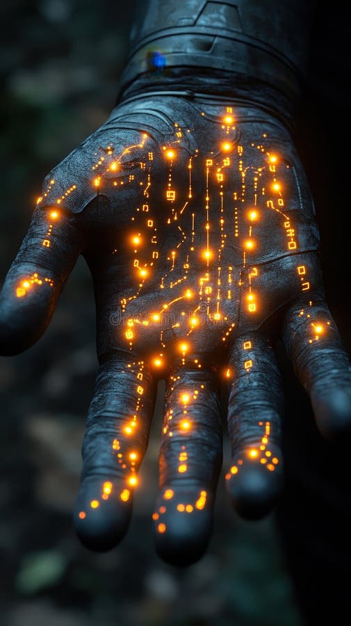 Robotic Hand Glowing with Embedded Circuits in Forest Setting Stock ...