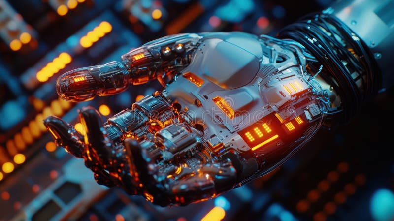 Robotic Hand Glowing in Futuristic Technological Environment Stock ...