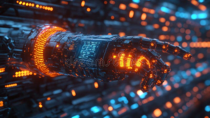 Robotic Hand Glowing Orange and Blue in Digital Space Stock ...