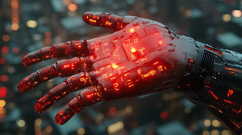 A Robotic Hand with Glowing Red Circuits Extends Towards a Futuristic ...
