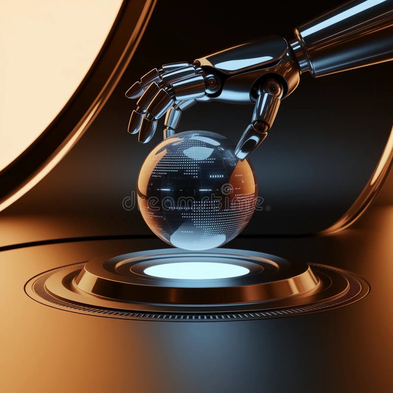 Robotic Hand Grasping Globe with Display on Metallic Platform Modern ...