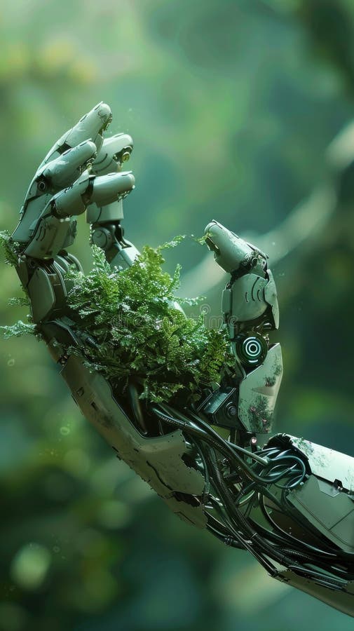 Robotic Hand with Green Plants in a Natural Setting, Technology Meets ...