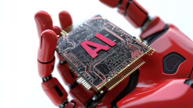 Robotic Hand Holding AI Circuit Board in a Futuristic Setting with High ...