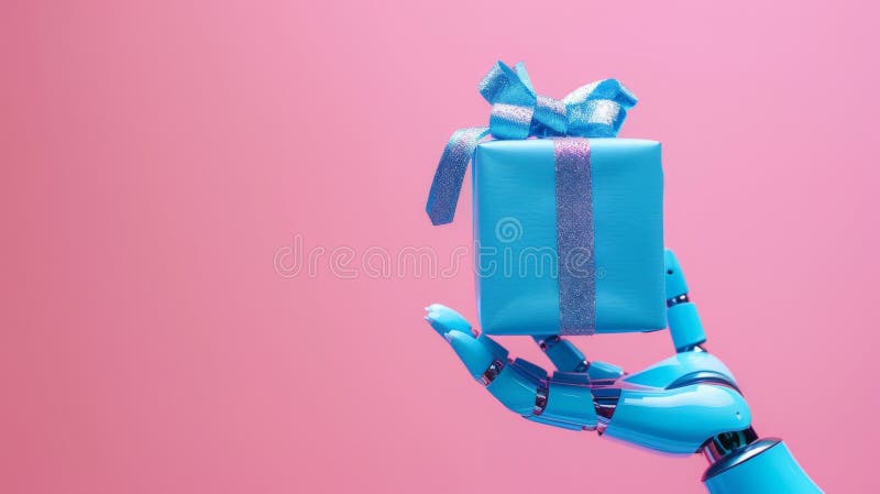 Robotic Hand Holding a Blue Gift Box with Ribbon on Pink Background ...