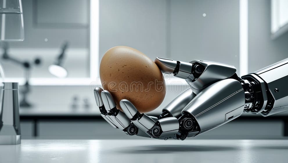 Robotic Hand Holding a Brown Egg in a Laboratory Setting. Stock Photo ...