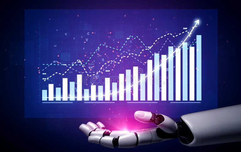 Robotic Hand Holding Data Visualization Graph with Upward Trend and Digital Elements for ...