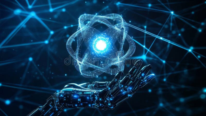 Robotic Hand Holding Digital Atomic Model with Glowing Core Stock Image ...