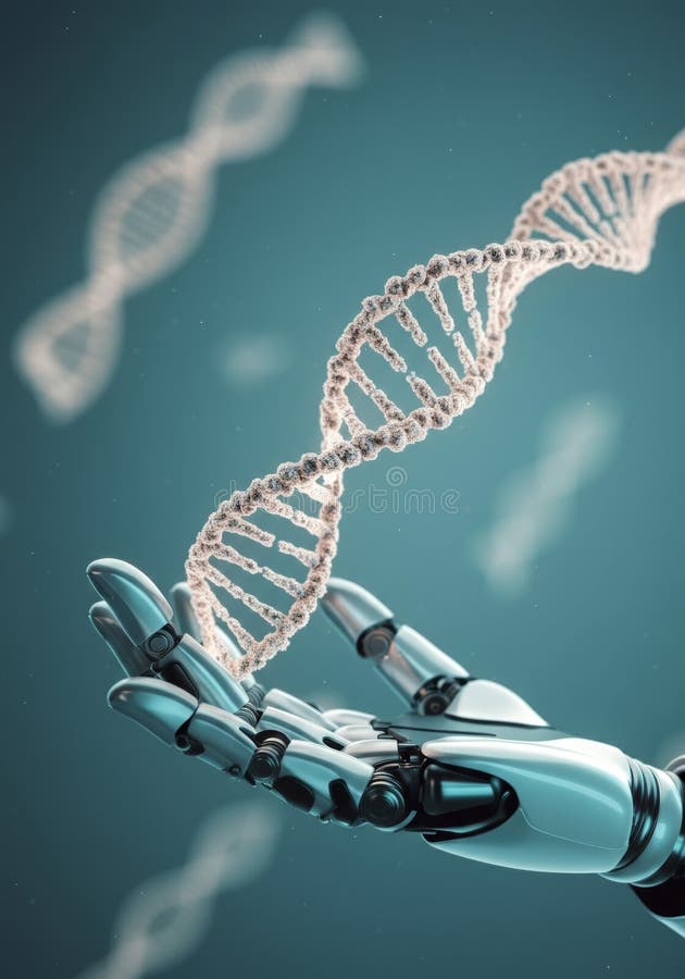 Robotic Hand Holding DNA Strand Symbolizing Artificial Intelligence and ...