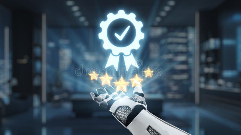 Robotic Hand Holding Five Star Rating with Certification Icon ...
