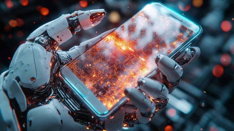 Robotic Hand Holding a Futuristic Smartphone - Generative Ai Stock ...