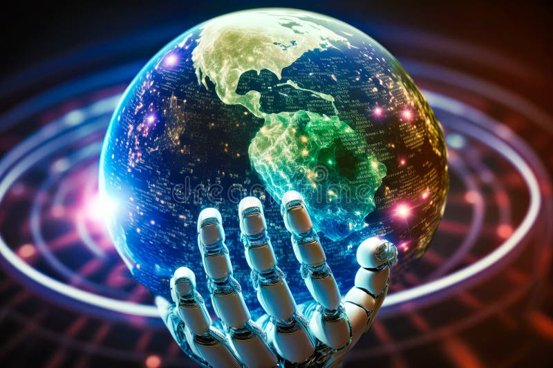 Robotic Hand Holding Globe in Front of it Generative AI Stock ... Robotic Hand Holding Globe in Front of it Generative AI Stock ...