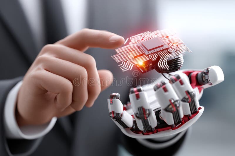 Robotic Hand Holding Glowing Circuit Chip while Human Hand Interacts ...