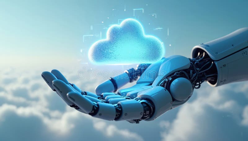 Robotic Hand Holding Glowing Cloud Against Sky Background. Cloud Computing, Data Storage ...