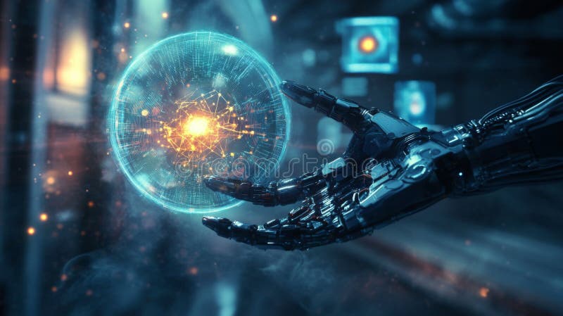 Robotic Hand Holding a Glowing Energy Sphere Stock Image - Image of ...