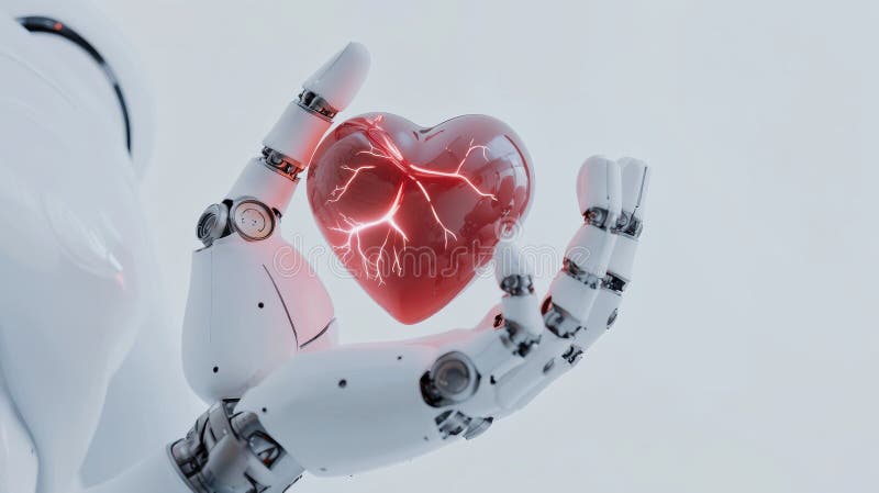 Robotic Hands Holding Red Glowing Heart Symbol on White Background ...
