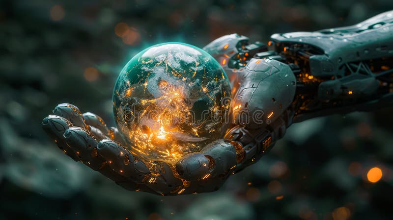 A Robotic Hand Holding a Glowing Orb. Stock Photo - Image of glass ...