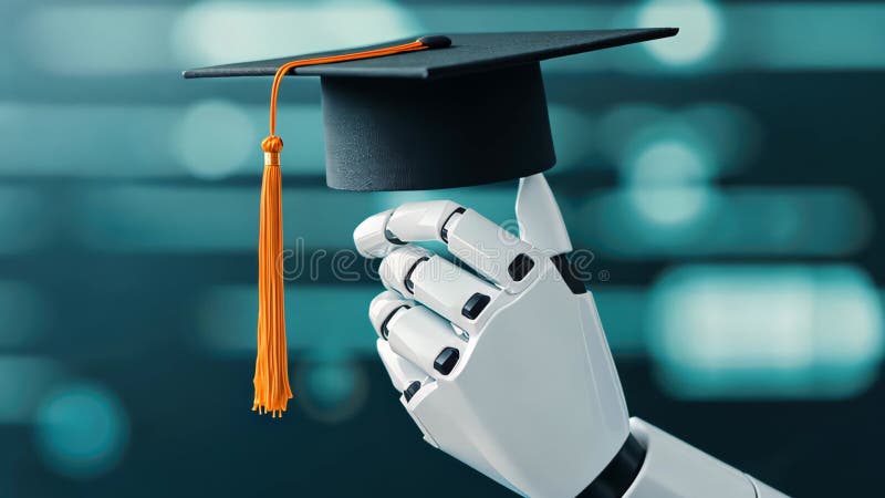 Robotic Hand Holding Graduation Cap Symbolizing AI in Education Stock ...