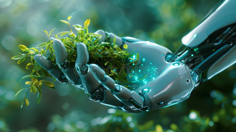 Robotic Hand Holding Green Plant, Technology and Nature Integration ...