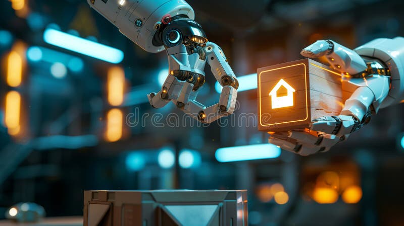 Robotic Hand Holding a House. Concept of Artificial Inteligence in Home ...