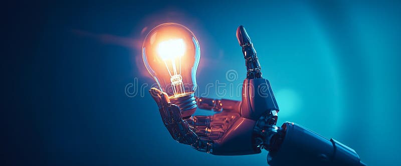 Robotic Hand Holding Illuminated Light Bulb in a Futuristic Setting ...