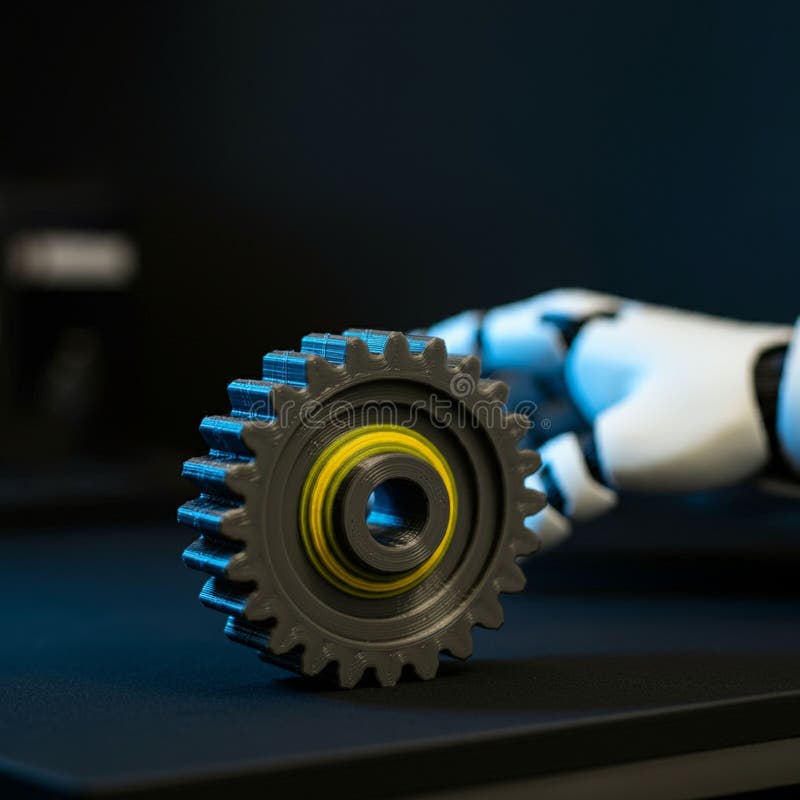 A Robotic Hand is Holding a Metallic Gear with a Yellow Inner Ring. the ...
