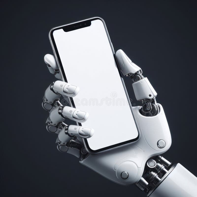 A Robotic Hand Holding a Mobile Phone with White Mockup Screen on Solid ...