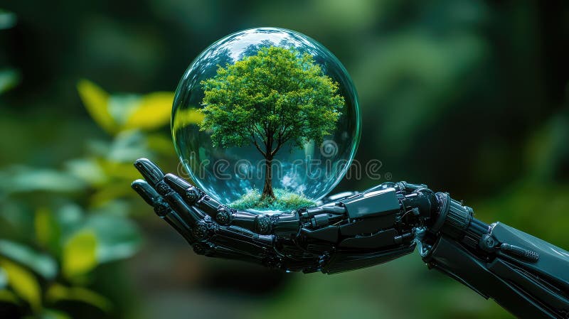 Robotic Hand Holding Sphere with Tree Icon Representing Green ...