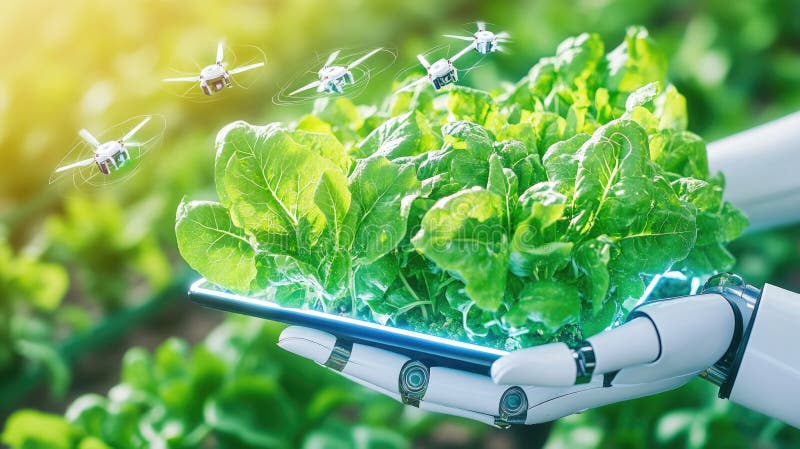 Robotic Hand Holding Tablet with Lettuce and Drones in Smart ...