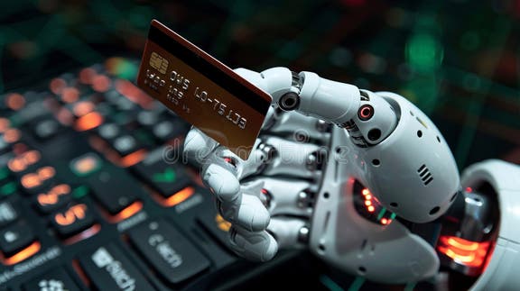 A Robotic Hand Holds a Credit Card Against a Technological Backdrop. AI ...