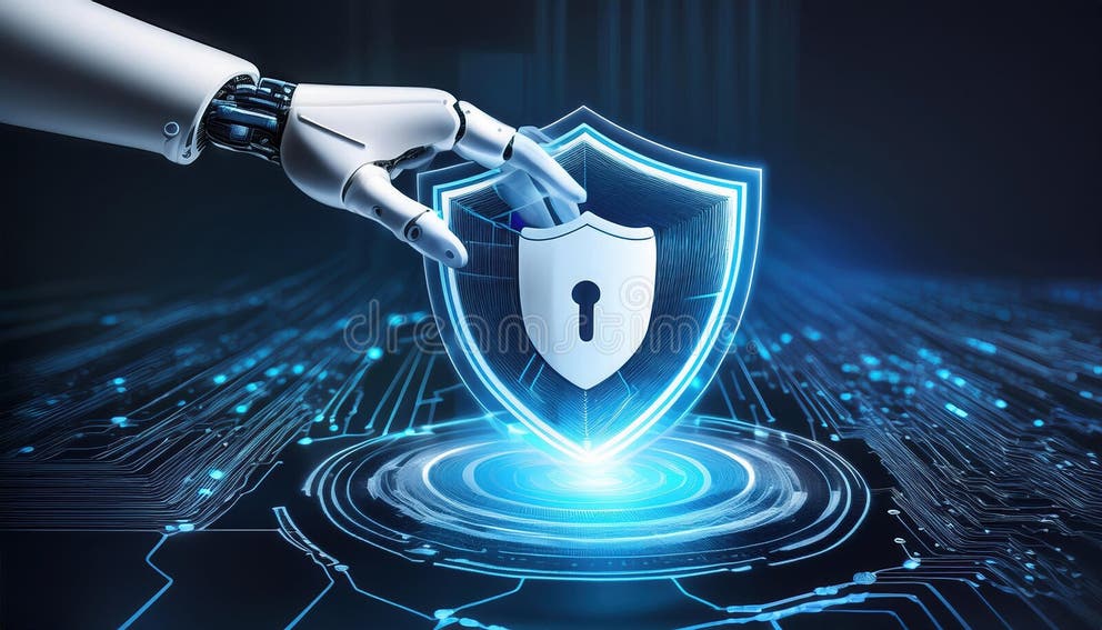 Robotic Hand Holds a Digital Shield with a Lock, Symbolizing ...