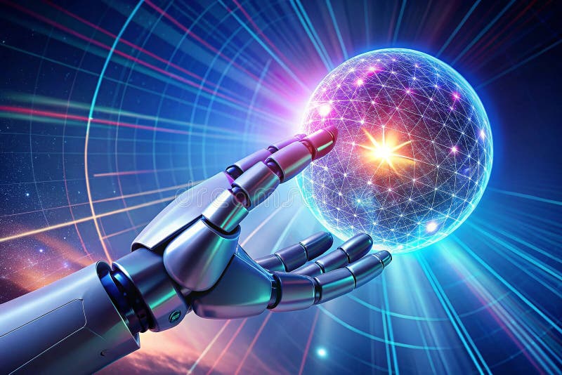 Robotic Hand Holds Digital Sphere in a Futuristic Space Stock ...