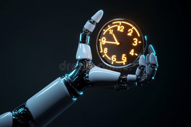 A Robotic Hand Holds a Glowing Clock Representing the Concept of Time ...