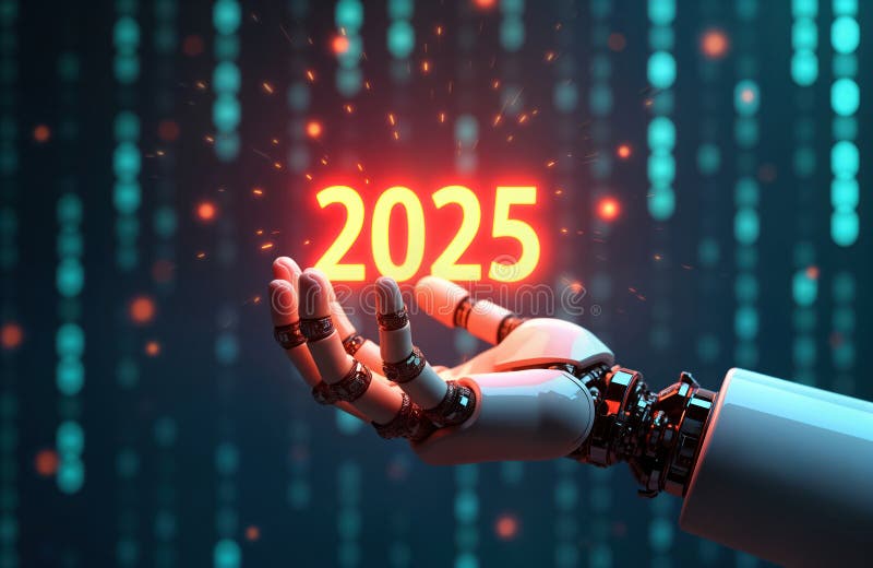 Robotic Hand Holds Glowing 2025 Number. Digital Binary Codes Surround ...