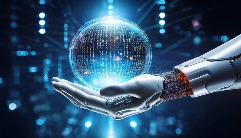 Robotic Hand Holds Glowing Orb Filled with Streaming Binary Code ...