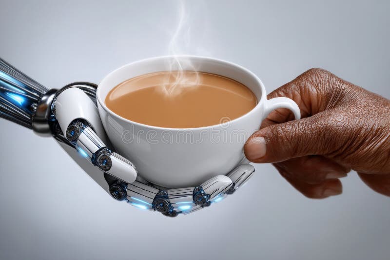 Robot Hand and Human Hand Exchanging a Steaming Cup of Coffee in a ...