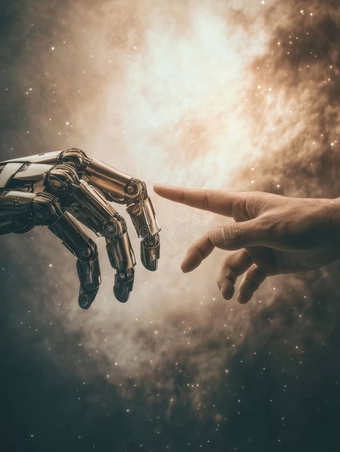 A Robotic Hand and a Human Hand Extend Towards Each Other, Illustrating ...