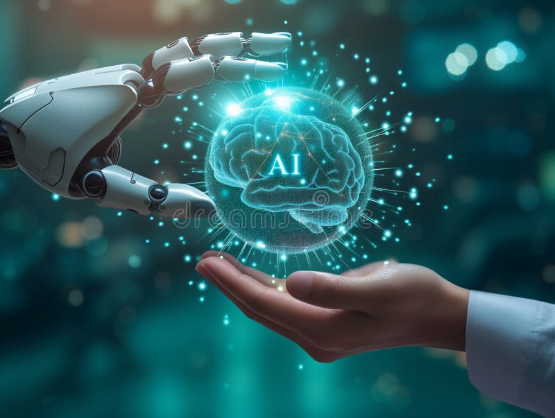 Robotic Hand and Human Hand Gently Hold a Glowing Sphere with an AI ...