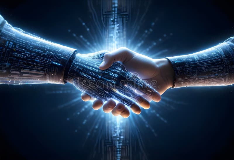 A Robotic Hand and a Human Hand Shake in a Futuristic Setting with a ...