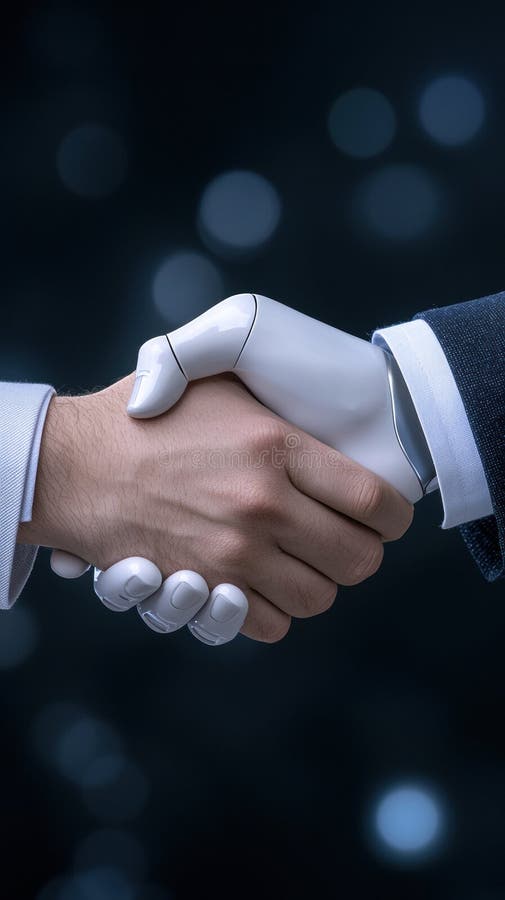 Robotic and Human Hands Touching a Big Data Network Connection ...