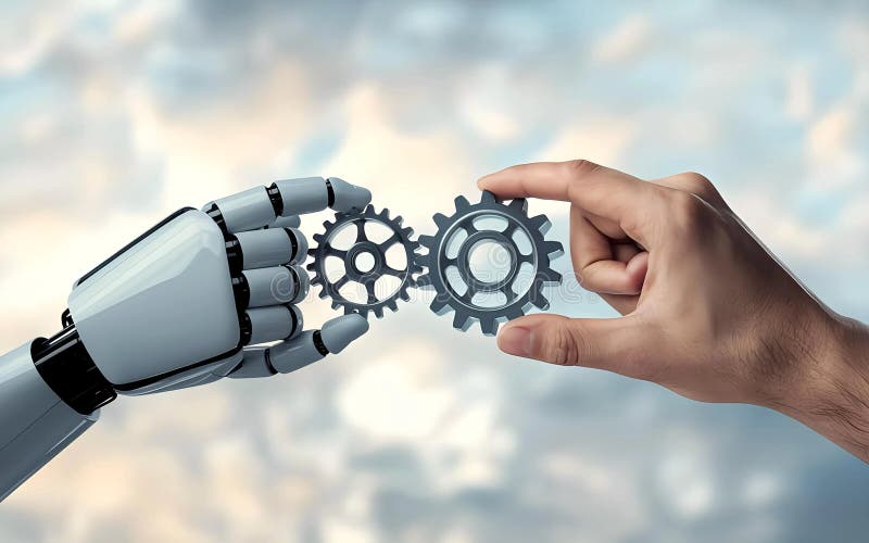 A Robotic Hand and a Human Hand are Holding Interlocking Gears ...