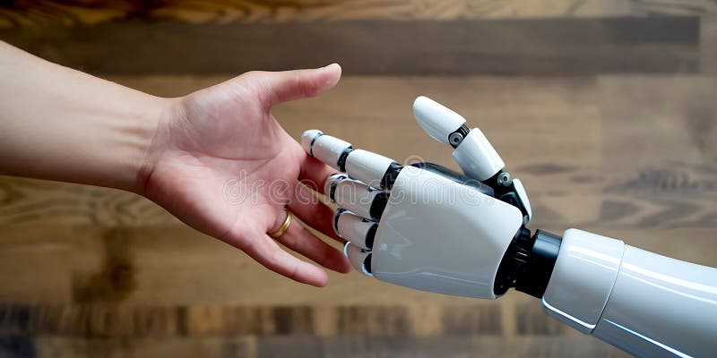 A Robotic Hand and Human Hand Meet in a Conference Room Symbolizing AI ...