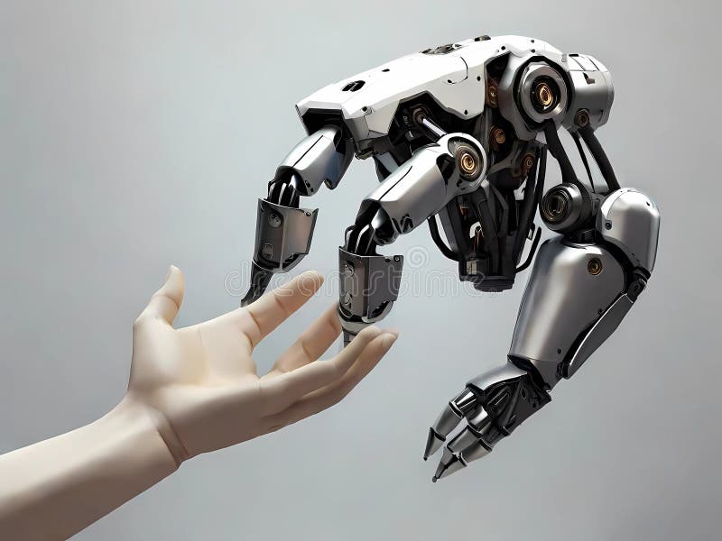 Robotic Hand and Human Hand. Technology Meets Humanity on Gray ...