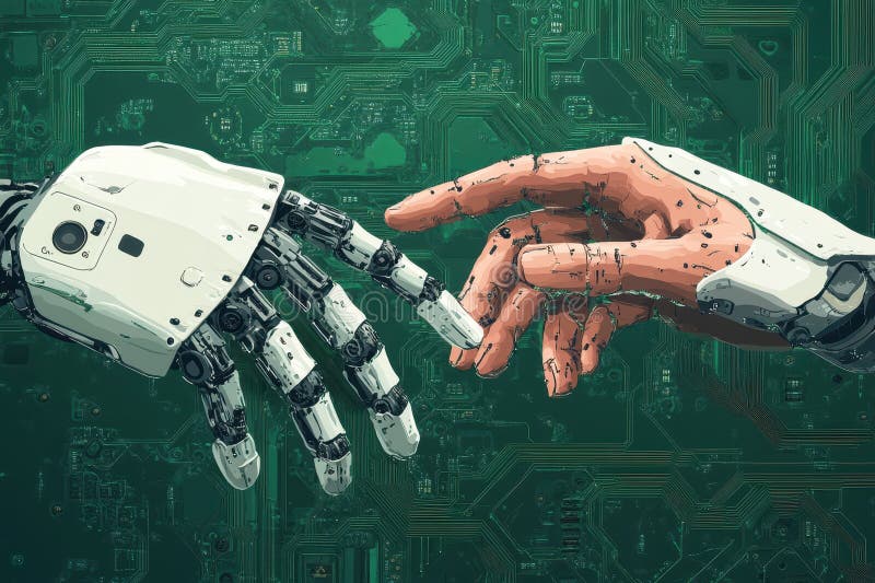 Robotic Hand and Human Hand Touching Above Circuit Board AI Technology ...