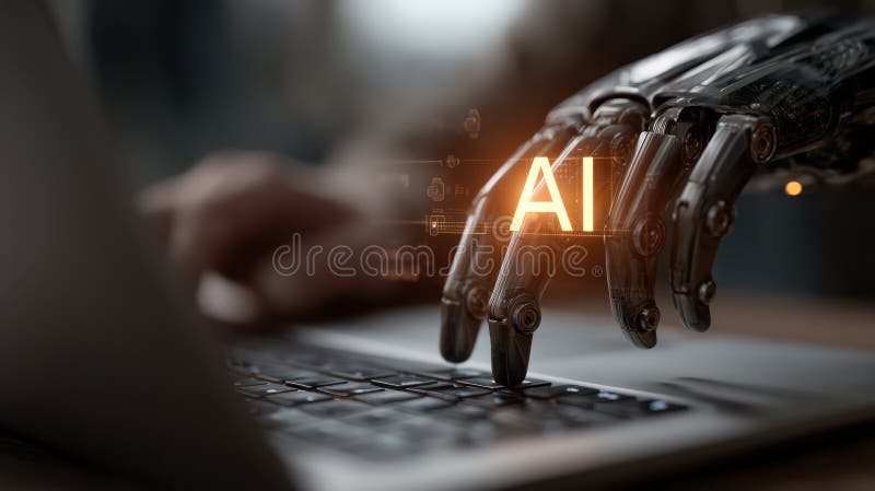Robotic Hand and Human Hand Typing on Laptop with Glowing AI Interface ...