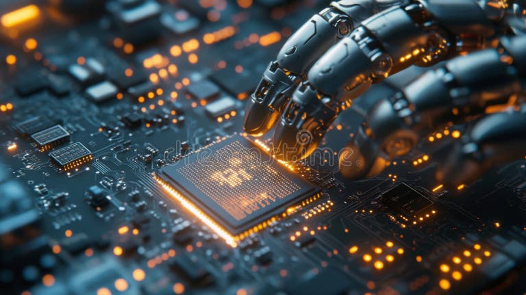 Robotic Hand Installing a Microprocessor on Circuit Board Stock ...