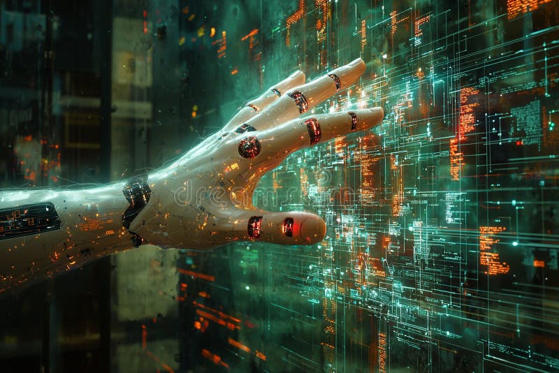 A Robotic Hand Interacting with a Complex Digital Interface, Stock ...